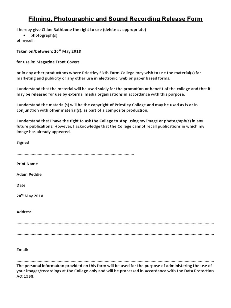 Filming, Photographic and Sound Recording Release Form | PDF
