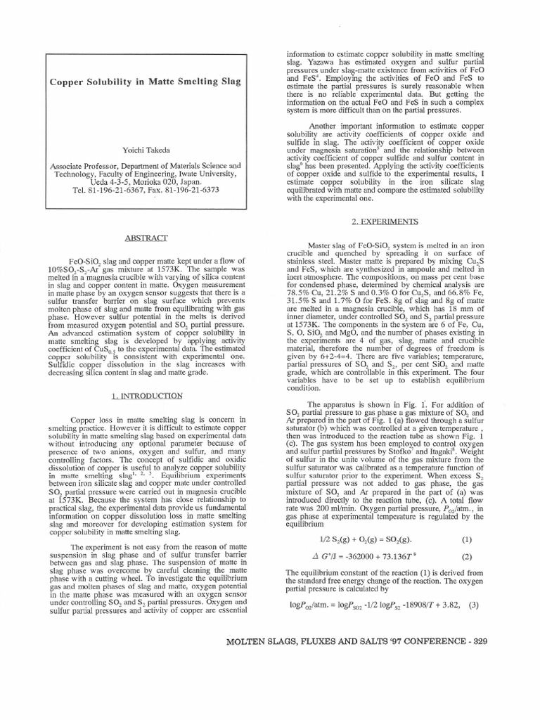 Copper Solubility in Matte Smelting Slag: Molten Slags, Fluxes and ...