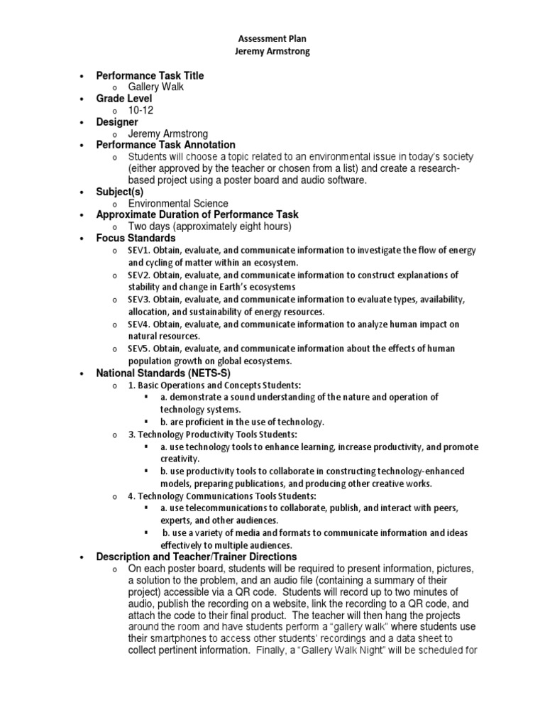 Assessment Plan Jeremy Armstrong Performance Task Title Grade Level ...