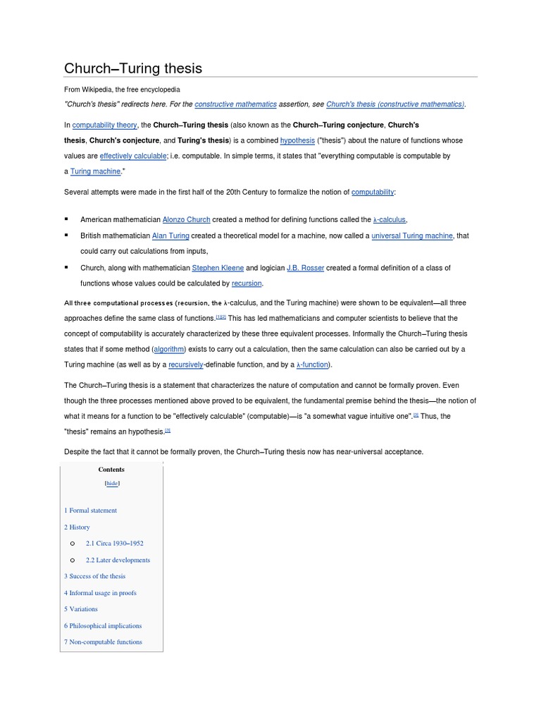 Church - Turing Thesis: Computability Theory Hypothesis Effectively Calculable Turing Machine ...