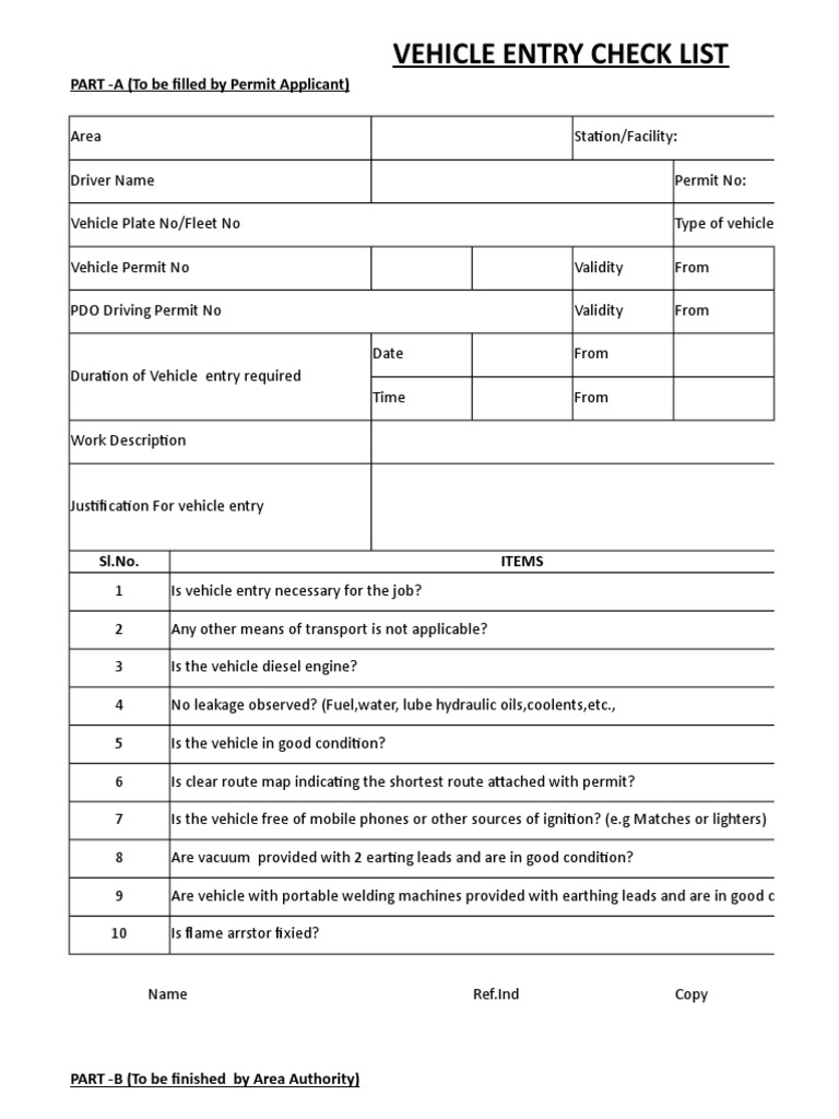 Vehicle Entry Check List | PDF | Vehicles | Diesel Engine