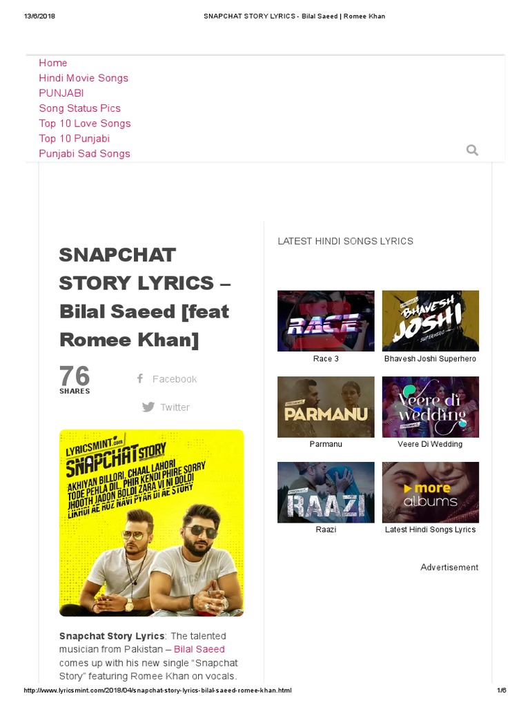 Snapchat Story Lyrics - Bilal Saeed - Romee Khan | PDF | Leisure