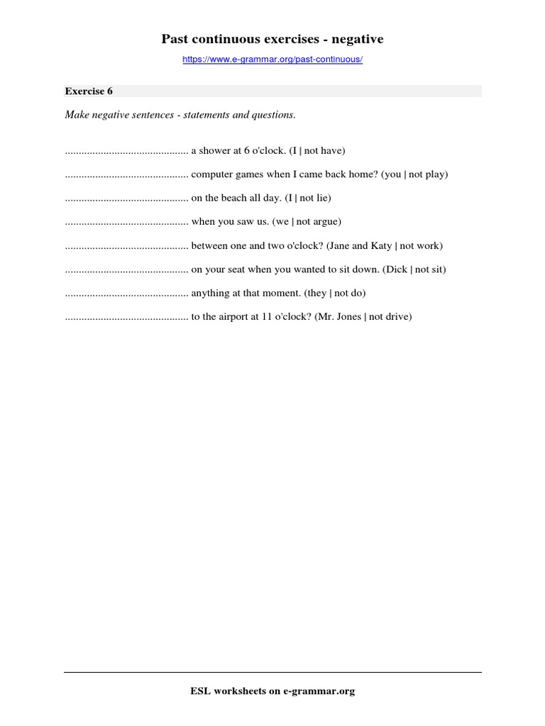 Past Continuous Exercises - Negative: Make Negative Sentences ...