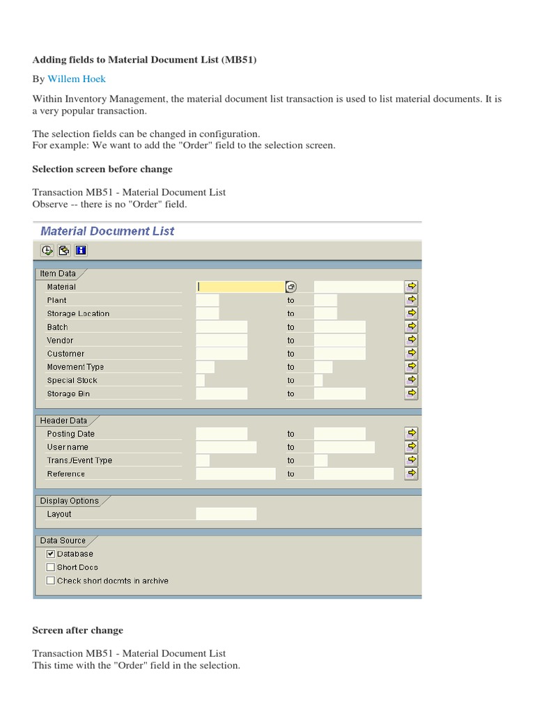 Adding Fields To Material Document List | PDF