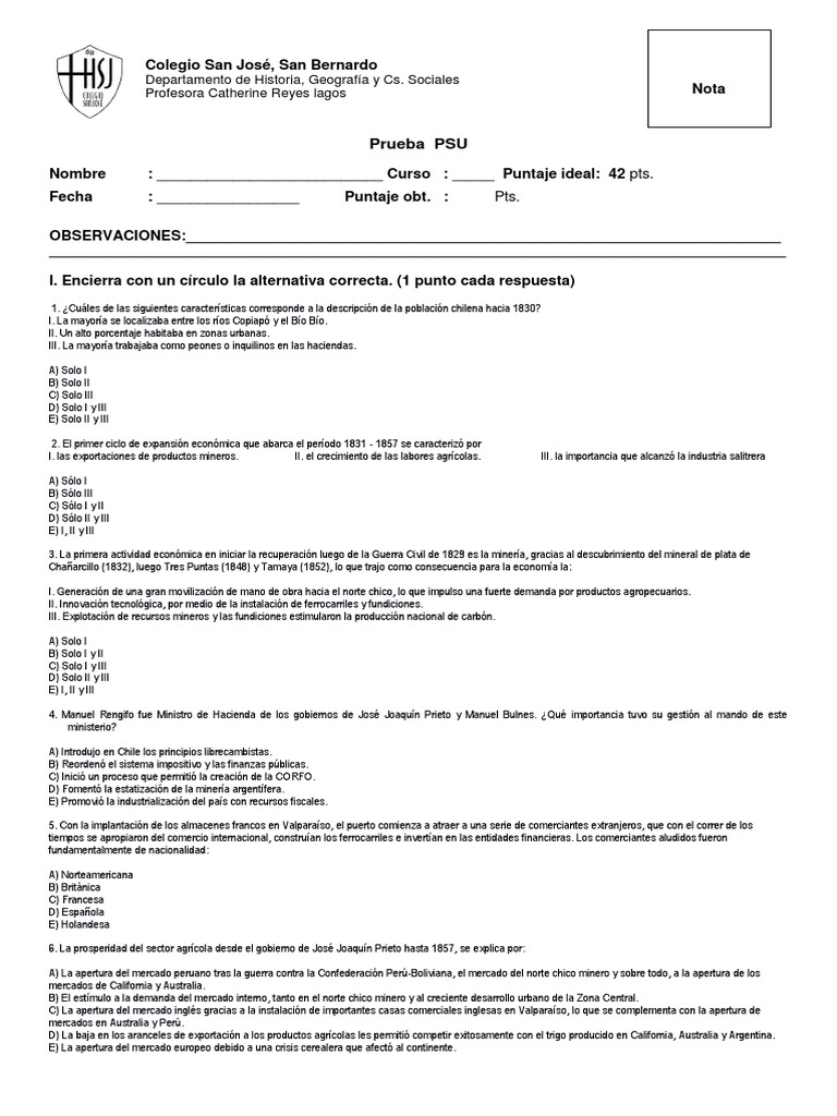 Prueba Psu Humanista | PDF | Chile | Agricultura