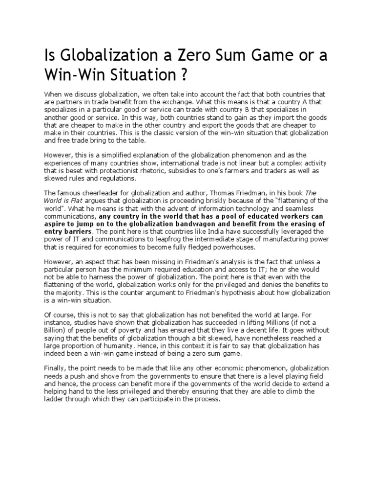 Is Globalization A Zero Sum Game or A Win | PDF | Globalization | Trade