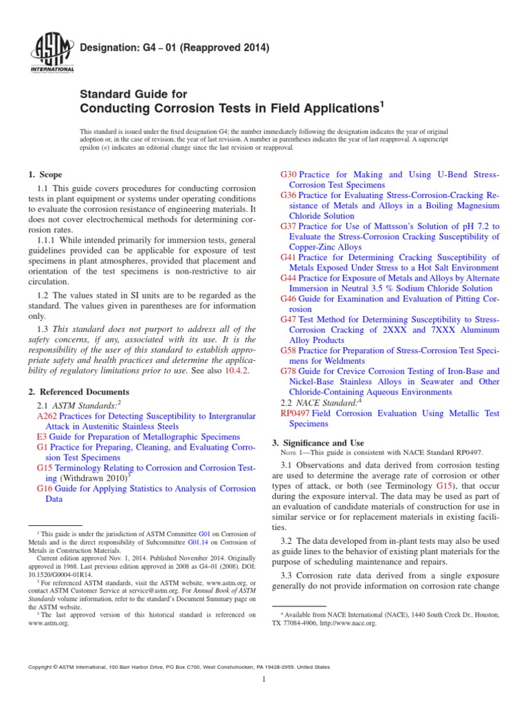 Conducting Corrosion Tests in Field Applications: Standard Guide For ...