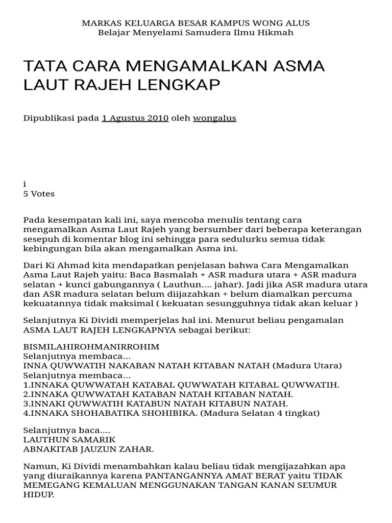 Tata Cara Mengamalkan Asma Laut Rajeh Lengkap Markas Keluarga Besar ...