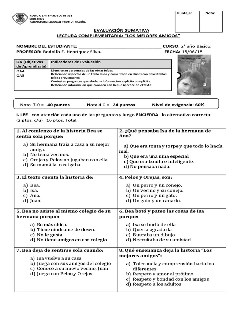 Prueba Libro Los Mejores Amigos 2B | PDF | Enseñando y aprendiendo