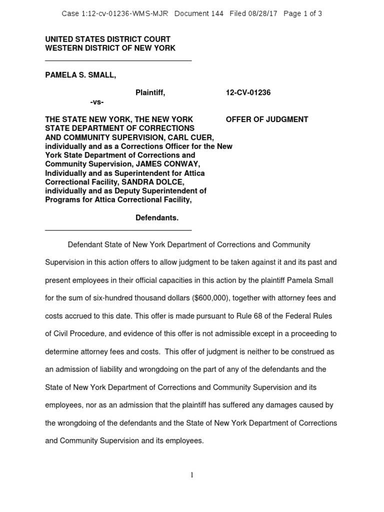 Offer of Judgment For Small v. DOCCS/State of NY | PDF | Attorney's Fee ...