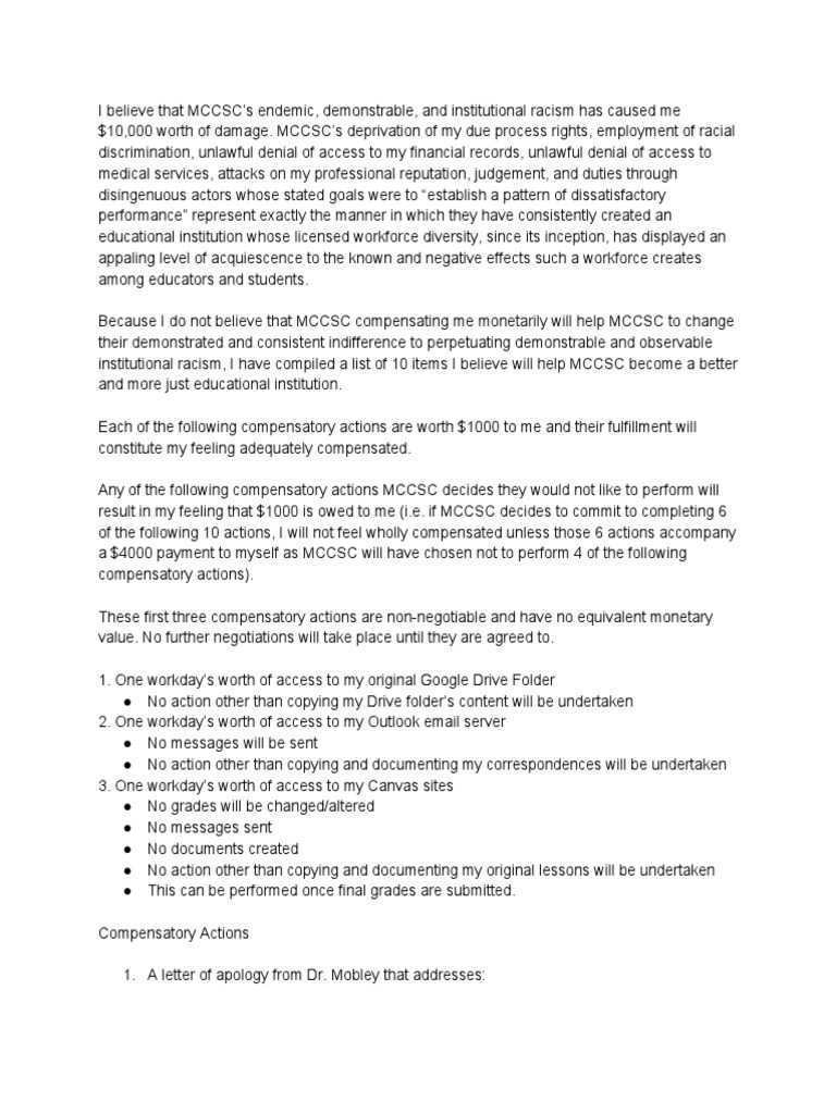 MCCSC Institutional Racism Compensation Demands | PDF | Justice | Crime ...