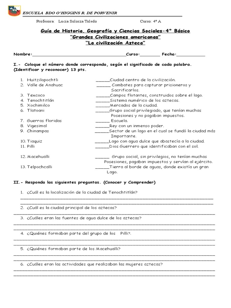 Guia de Aztecas Cuarto Basico | PDF | azteca