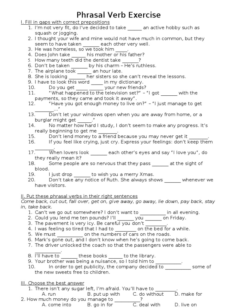 Phrasal Verbs Exercise | PDF | Language Arts & Discipline | Self ...