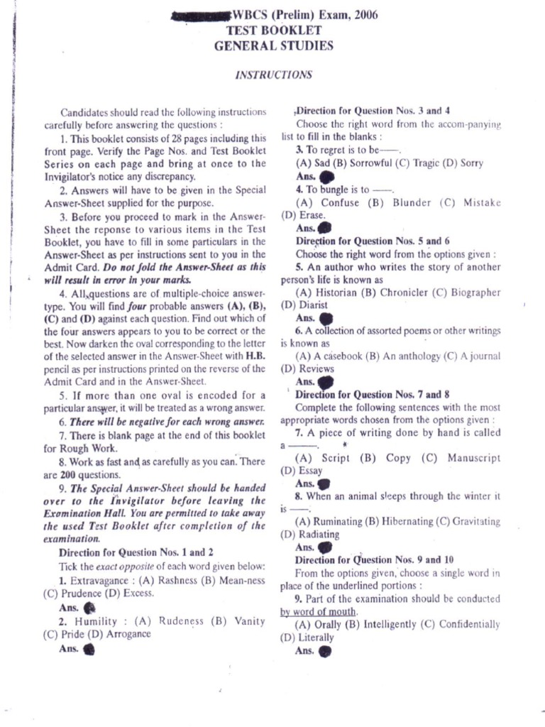 WBCS Preliminary Question Paper Preliminary 2006 | PDF