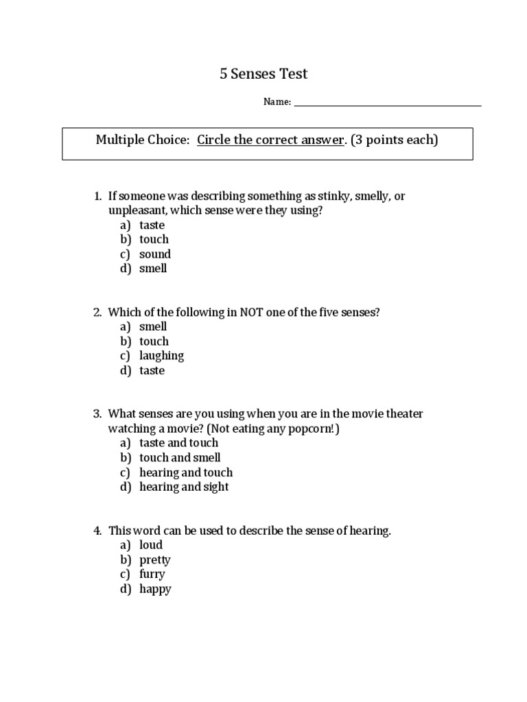5 senses summative assessment-unit test | Senses | Olfaction