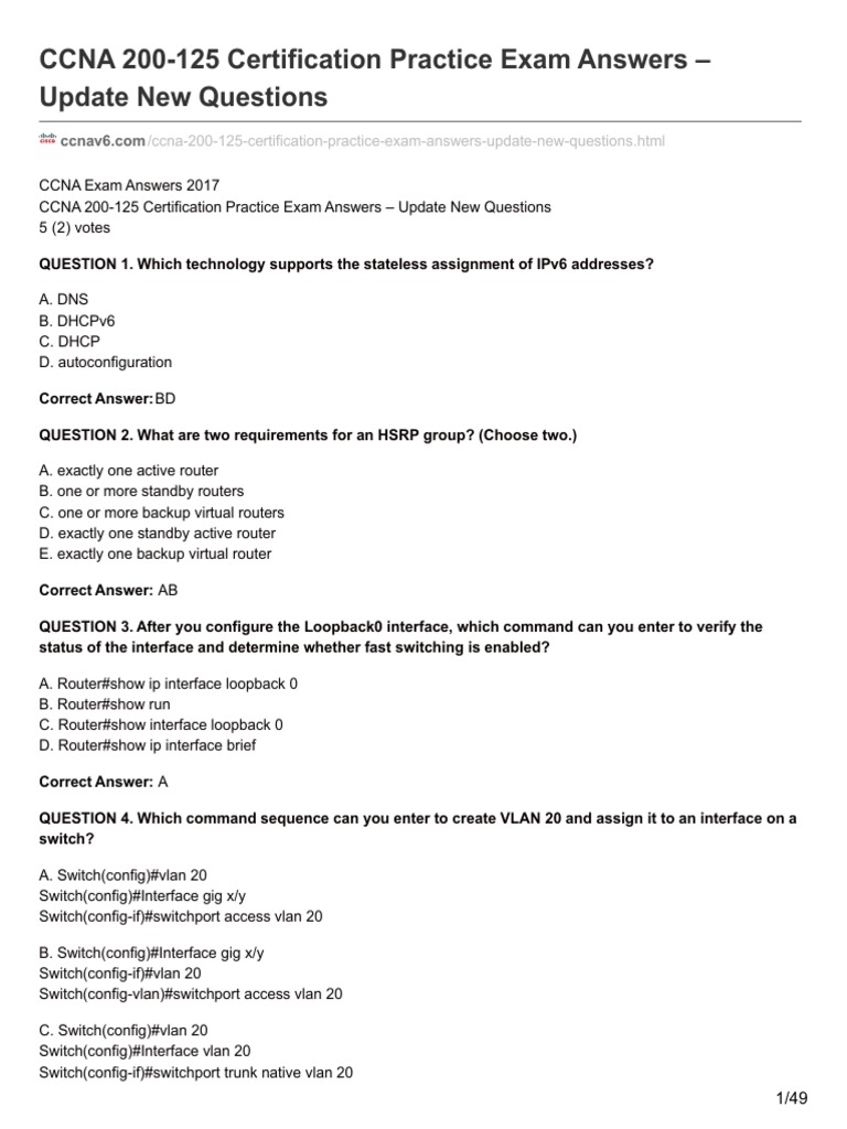 CCNA 200-125 Certification Practice Exam Answers Update New Questions | Download Free PDF | Ip ...