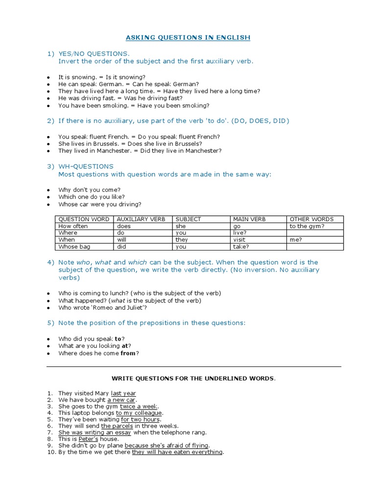 Asking Questions in English: Write Questions For The Underlined Words ...