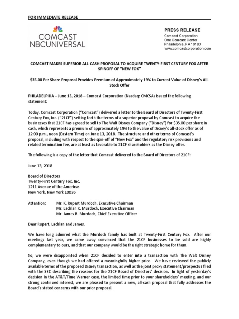 Comcast Makes Superior All-Cash Proposal To Acquire Twenty-First ...