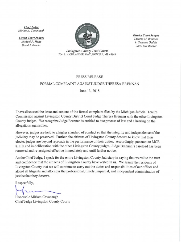 Chief Judge Cavanaugh Press Release | PDF