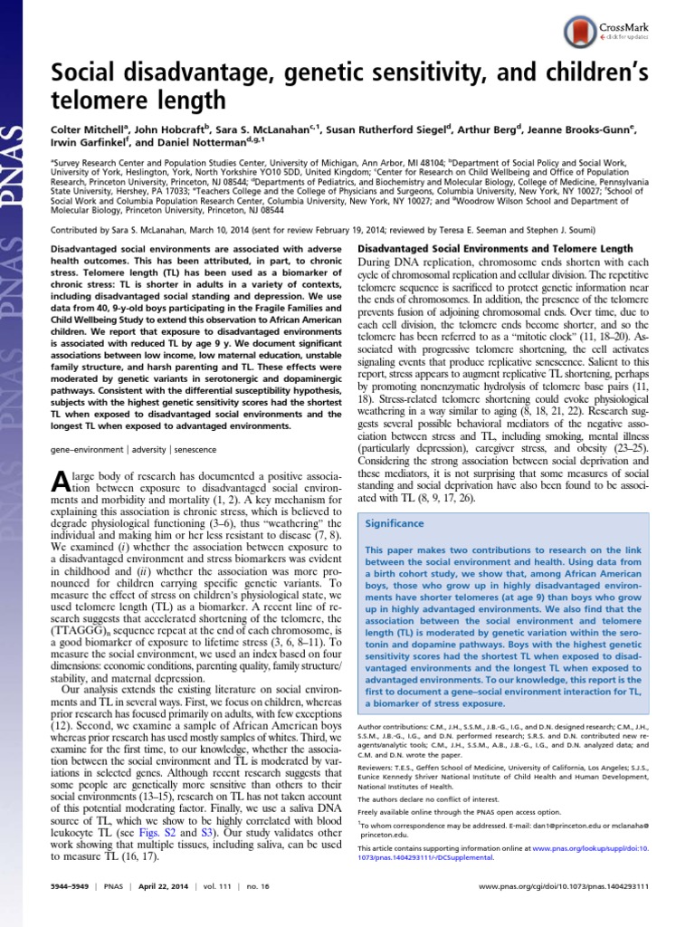 Social disadvantage and genetics linked to children's telomere length ...