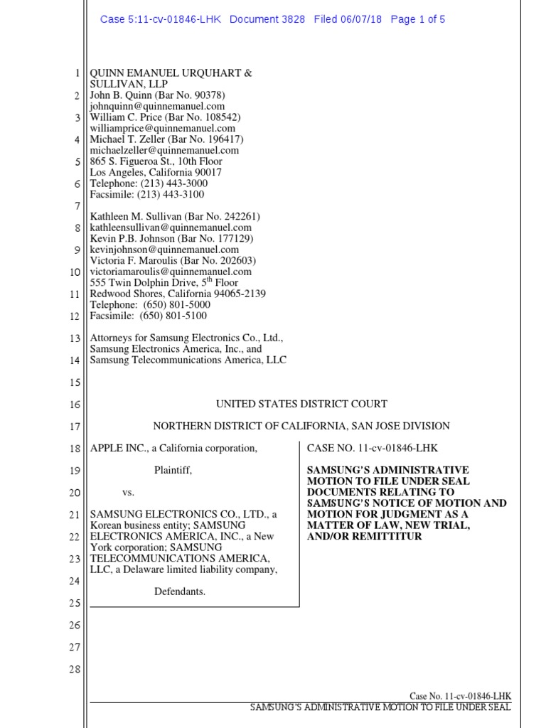 Apple v. Samsung - Samsung Motion For JNOV (2018) | PDF | Confidentiality | Samsung