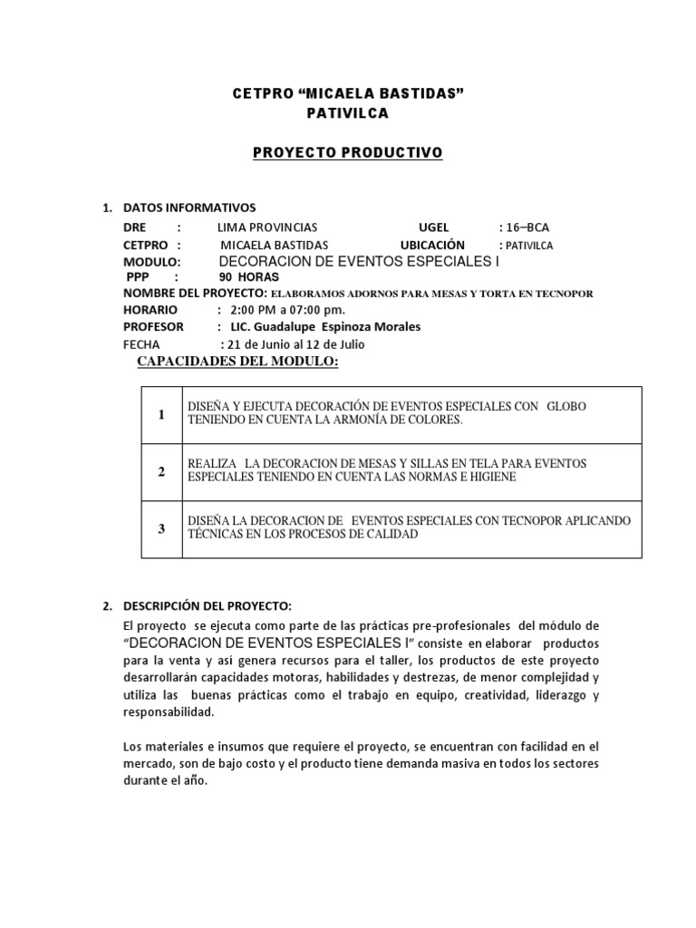 Proyecto Modulo II - Decoracion de Eventos Especiales I | PDF | Presupuesto