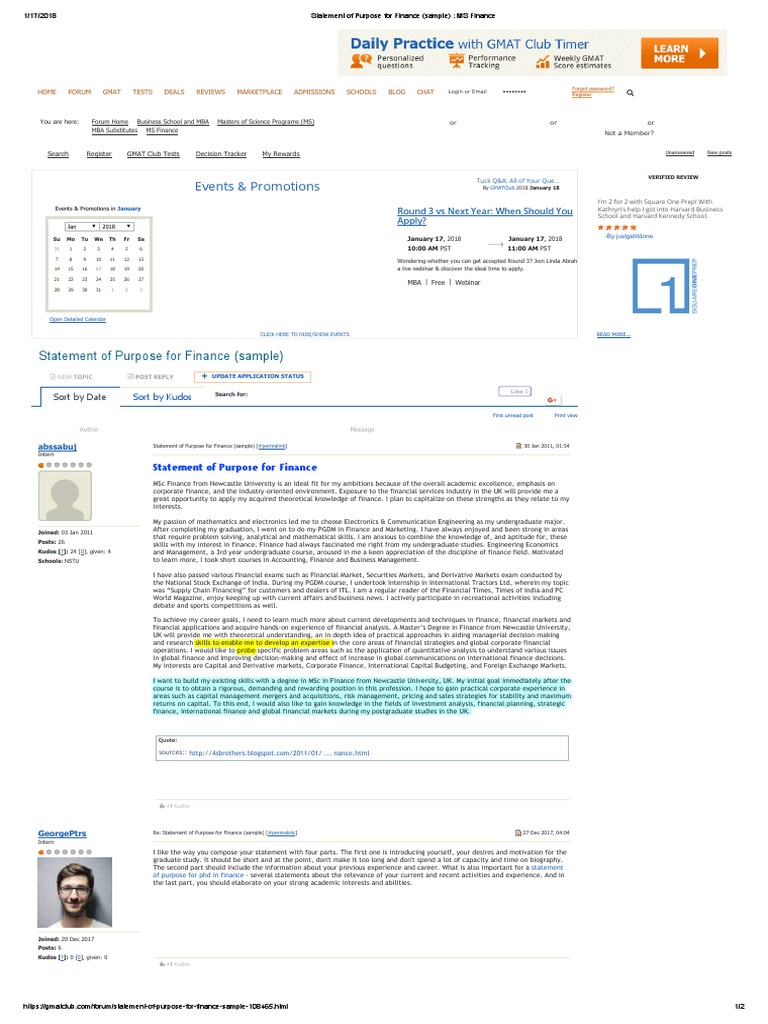 Statement of Purpose For Finance (Sample) - MS Finance | PDF | Graduate ...
