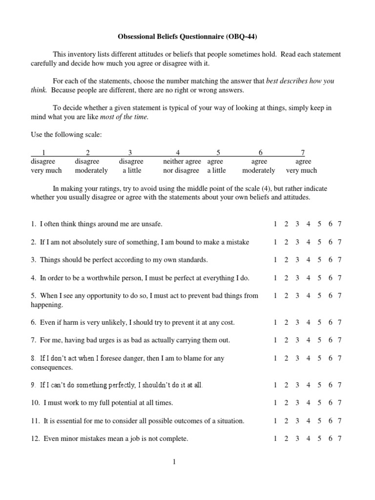 Obsessional Beliefs Questionnaire OBQ 44 | PDF | Attitude (Psychology ...