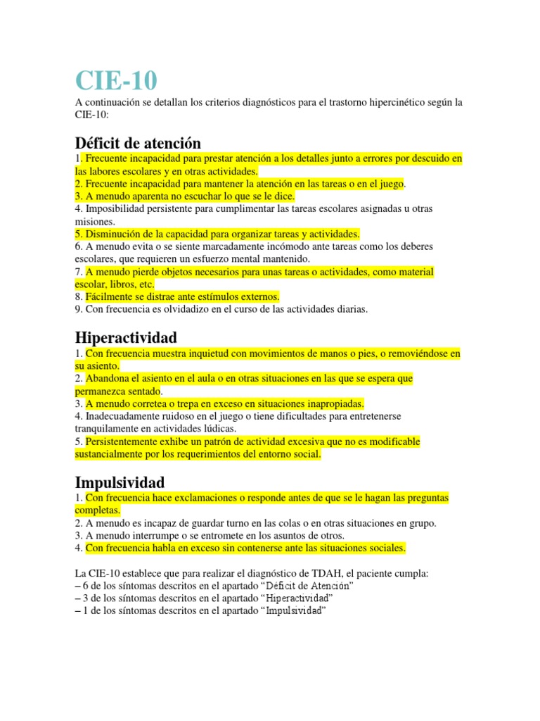 Criterios Cie 10 Tdah | PDF | Síndrome de Tourette | Desorden hiperactivo y deficit de atencion
