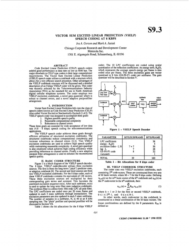 Vector Sum Excited Linear Prediction (Vselp) Speech Coding at Kbps | PDF | Signal Processing ...