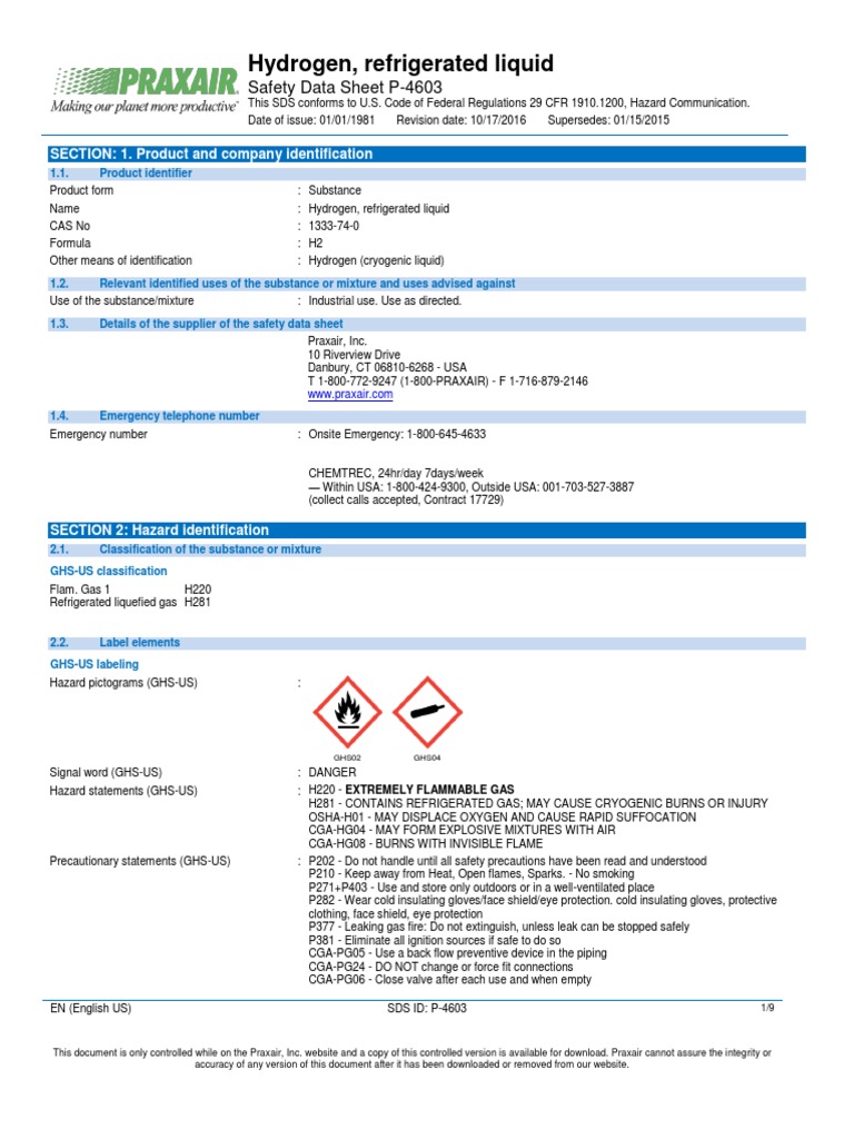 Liquid Hydrogen Gas h2 Safety Data Sheet Sds p4603 | PDF | Toxicity | Fires