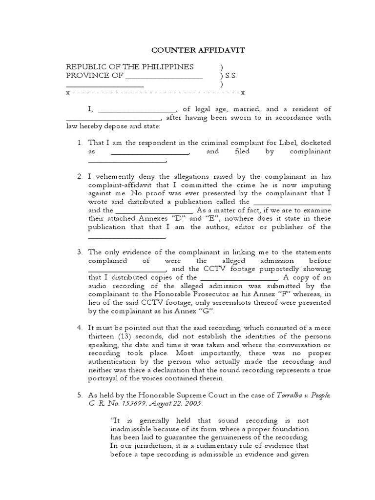 Counter-Affidavit Libel Sample | PDF | Defamation | Public Law