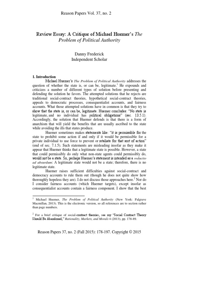 Review Essay: A Critique of Michael Huemer's The: Problem of Political ...