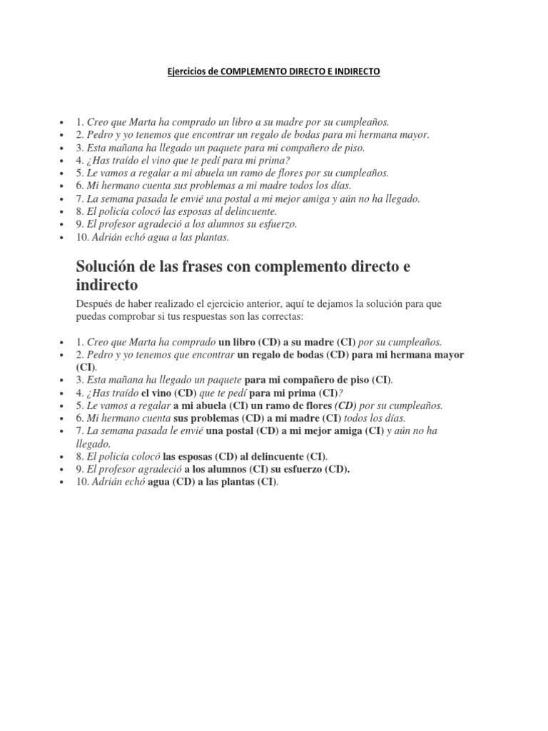 Ejercicios de Complemento Directo e Indirecto | PDF