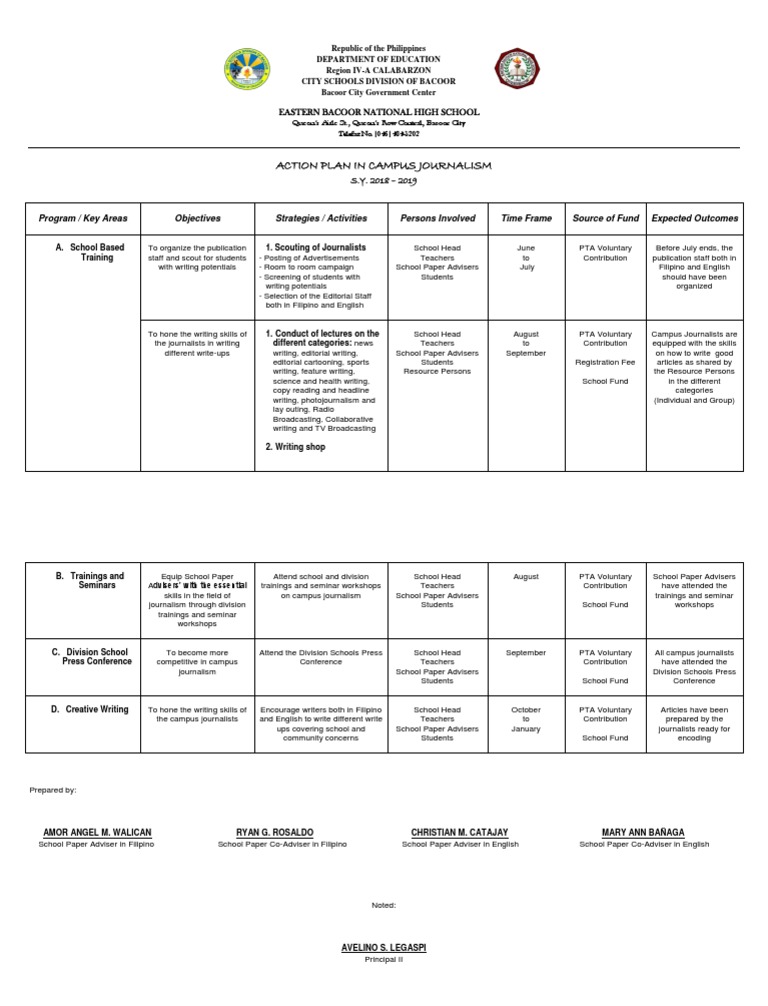 Campus Journalism Action Plan 2018-2019 | PDF | Journalism | Behavior ...