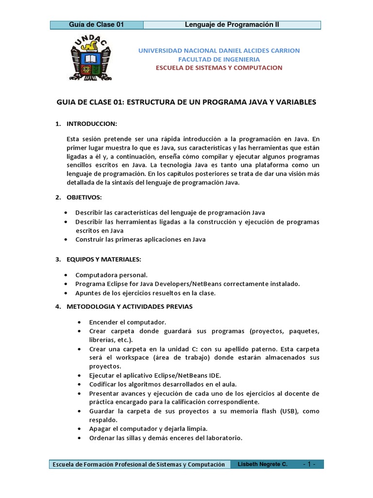 Guia Clase 01 Java Intro Estructura Programa Variables PDF | PDF ...