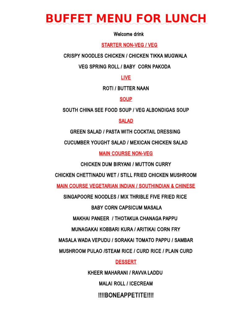 Buffet Menu For Lunch: Starter Non-Veg / Veg | PDF