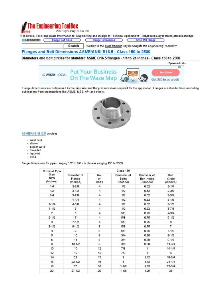Flanges and Bolt Dimensions ASME/ANSI B16.5 - Class 150 To 2500 | PDF ...