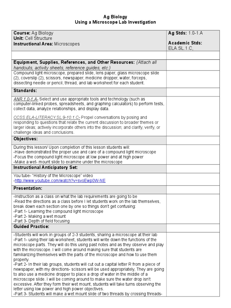 Microscopes Lab Lesson Plan | PDF | Microscope | Behavior Modification