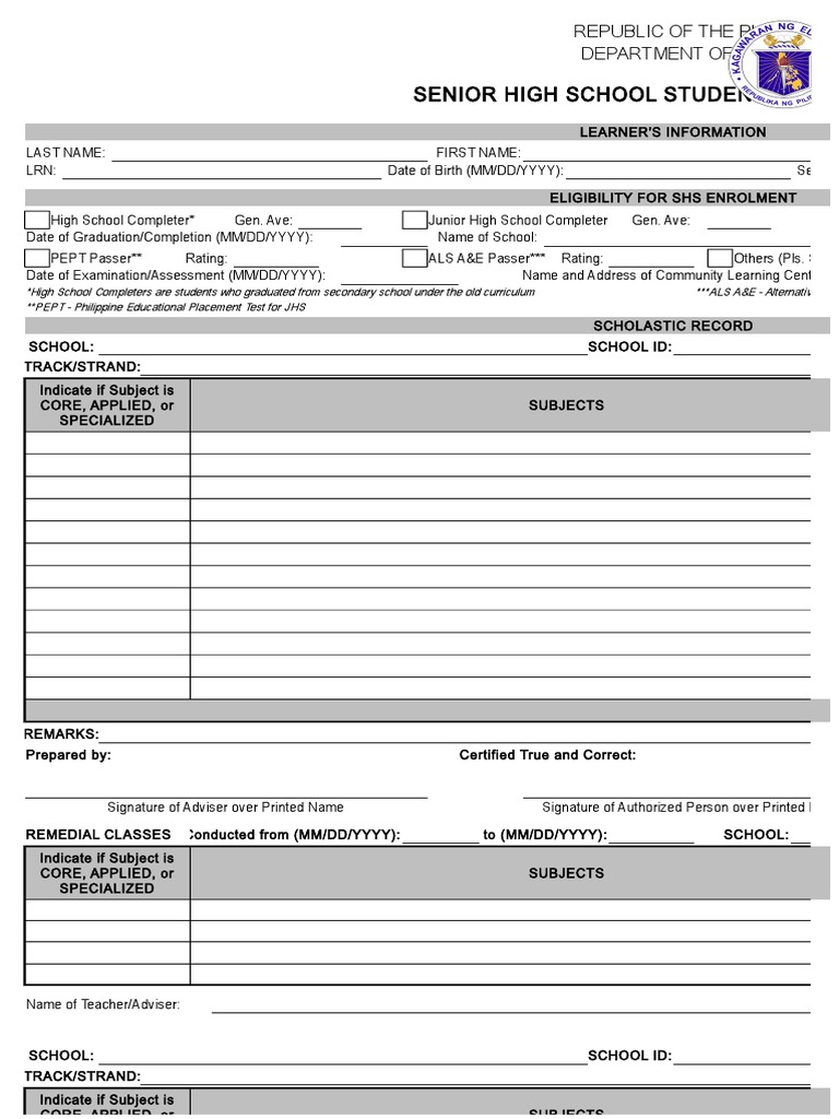 School Form 10 SF10-SHS Senior High School Student Permanent Record ...