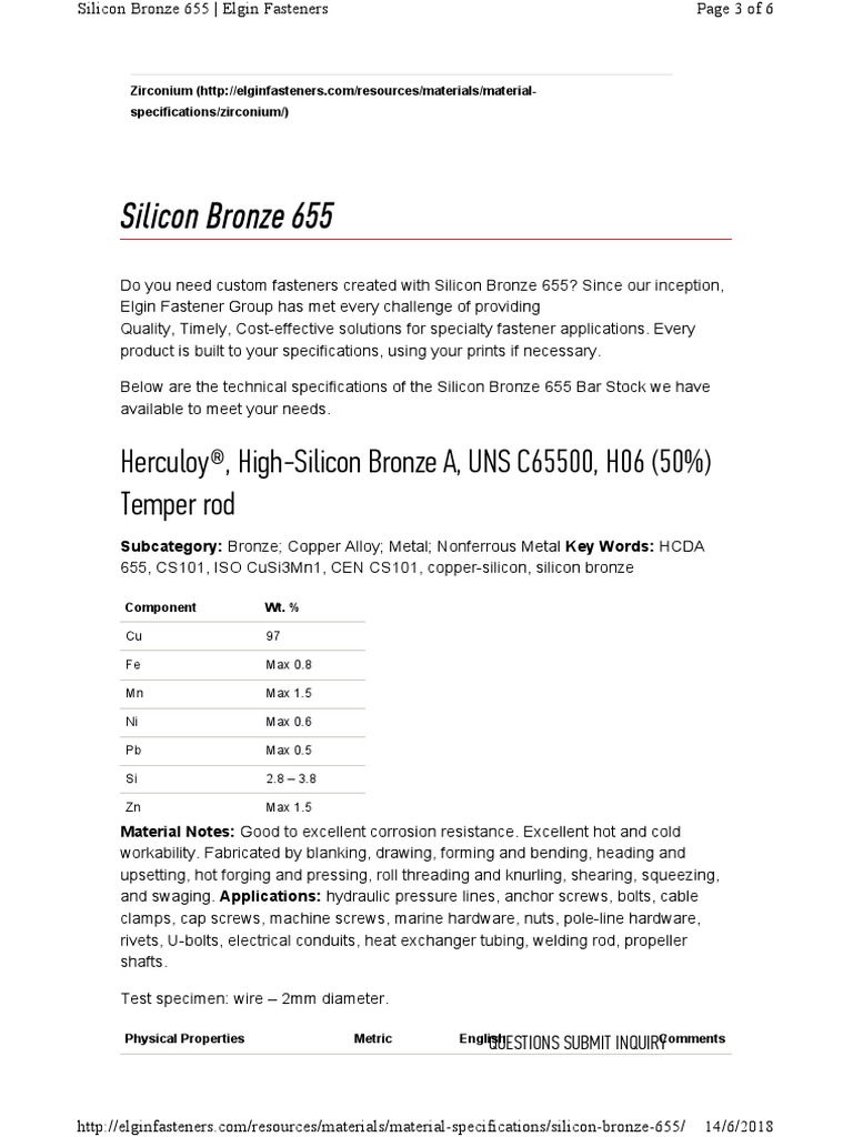 Silicon Bronze 655: Herculoy®, High-Silicon Bronze A, UNS C65500, H06 ...