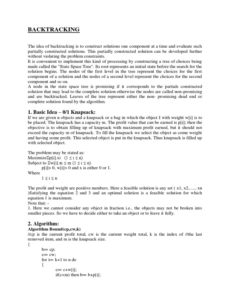Knapsack Through Backtracking | PDF | Algorithms | Mathematical Concepts