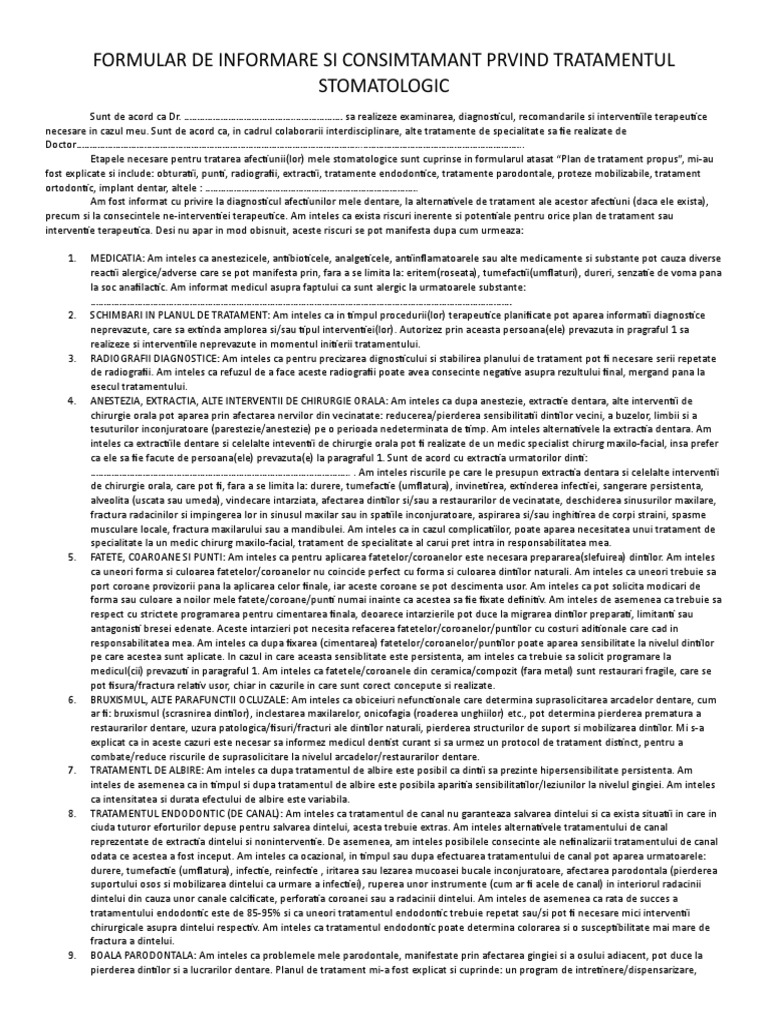 Formular de Informare Si Consimtamant Prvind Tratamentul Stomatologic | PDF