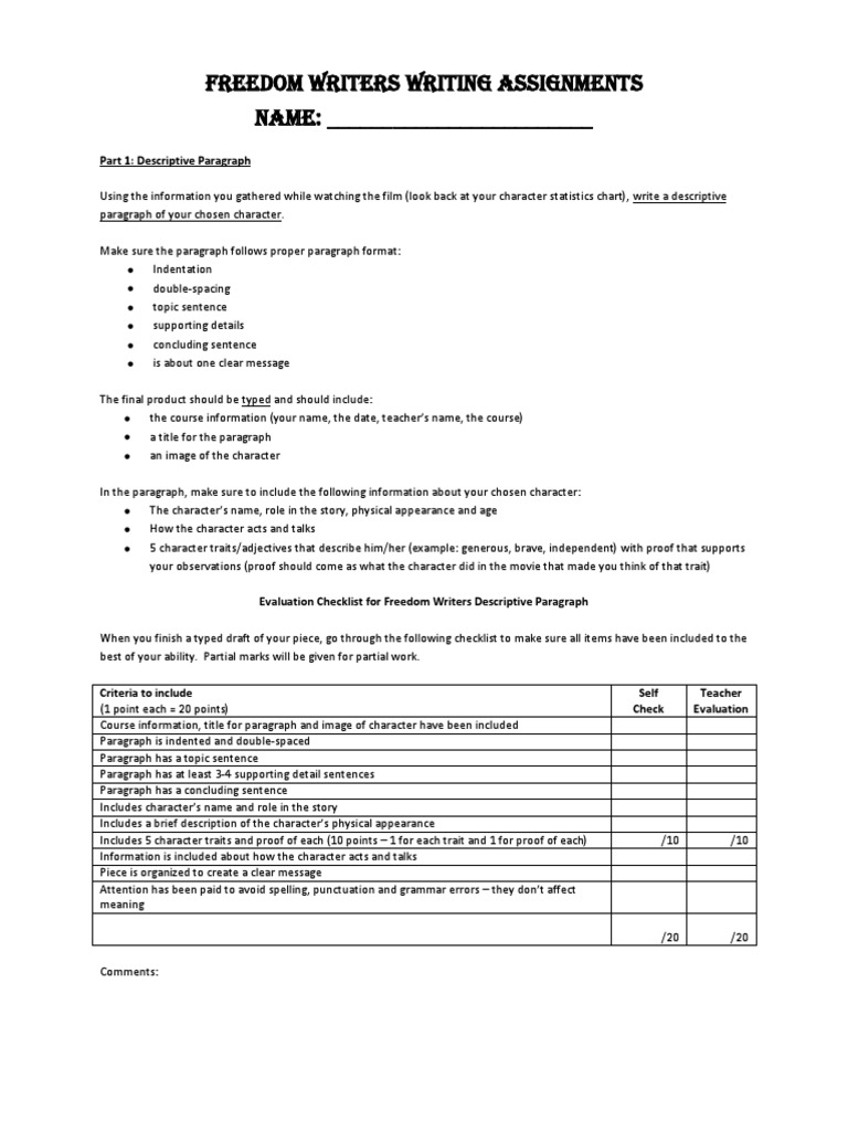 Freedom Writers Writing Assignment | PDF | Diary | Paragraph