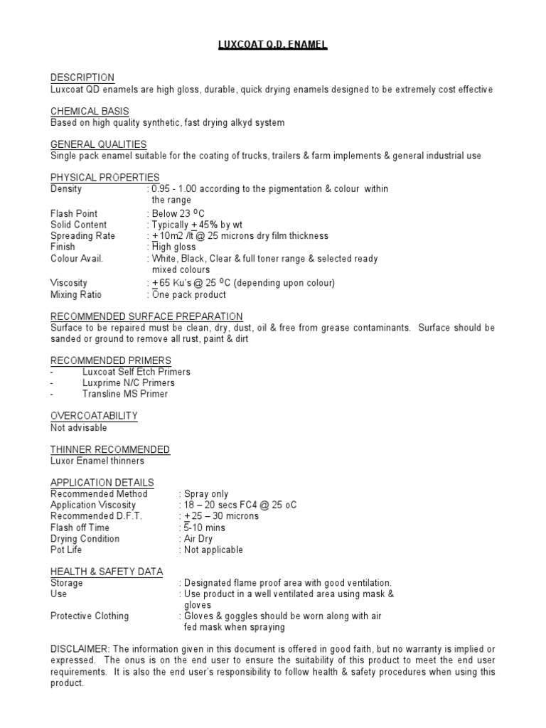 Luxcoat QD Data Sheet | PDF | Paint | Industrial Processes