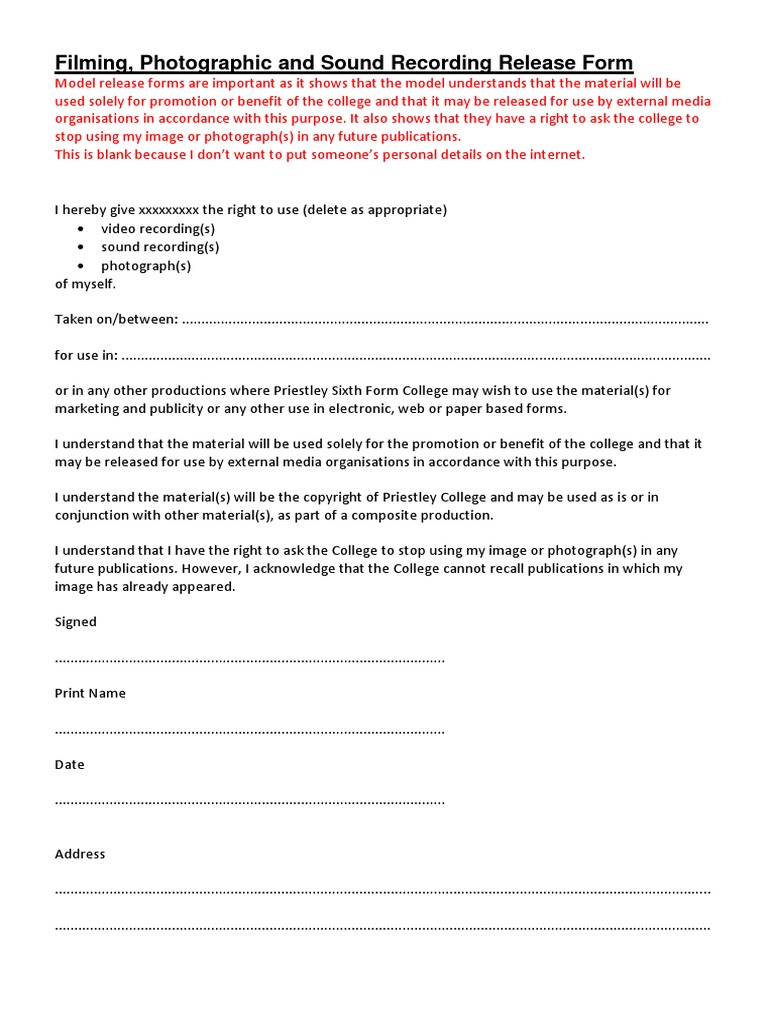 Filming, Photographic and Sound Recording Release Form | PDF ...