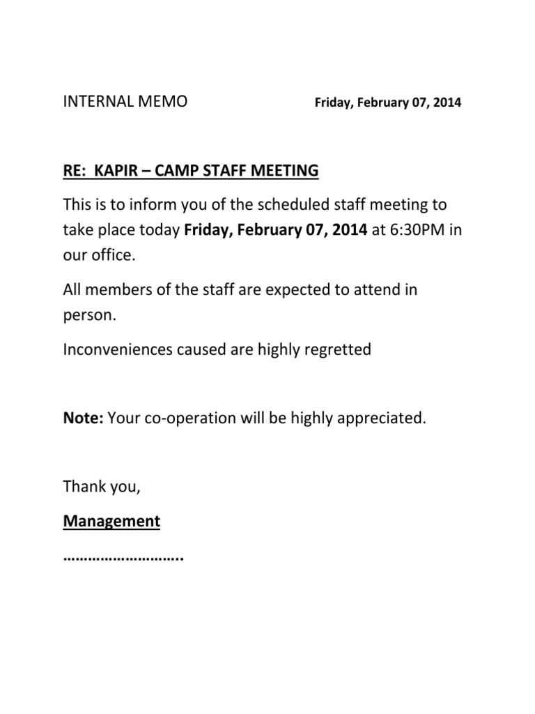 Internal Memo: Re: Kapir - Camp Staff Meeting | PDF | Career & Growth ...