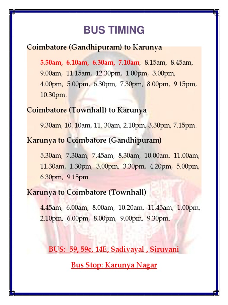 Bus Timings-Karunya To Coimbatore | PDF