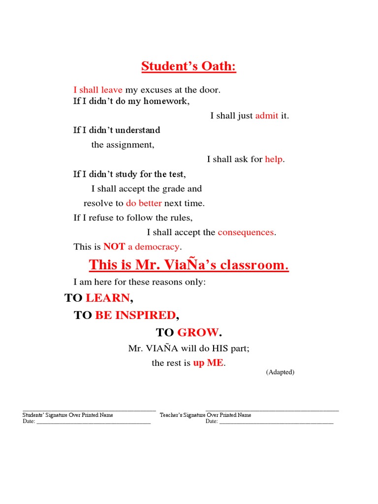 Student Oath for Classroom Commitment | PDF