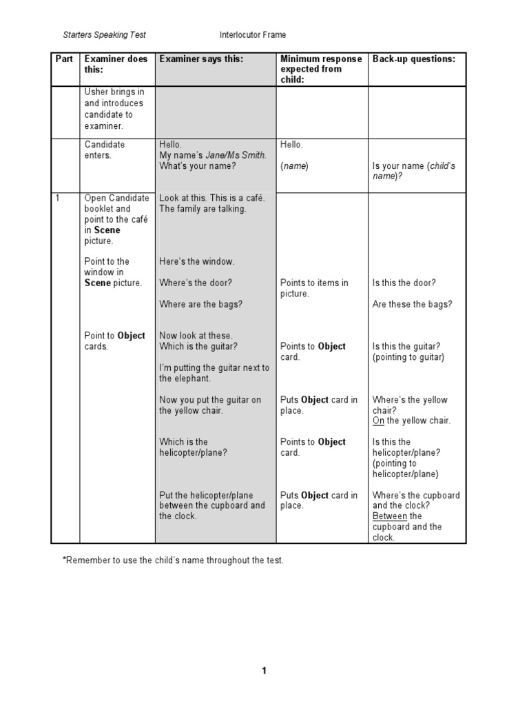 Starters Speaking Examiner Booklet 102 | PDF | Test (Assessment) | Leisure